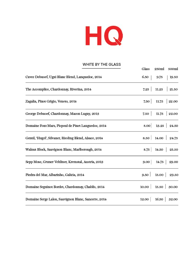 Menu at HQ Gastrobar, Dublin