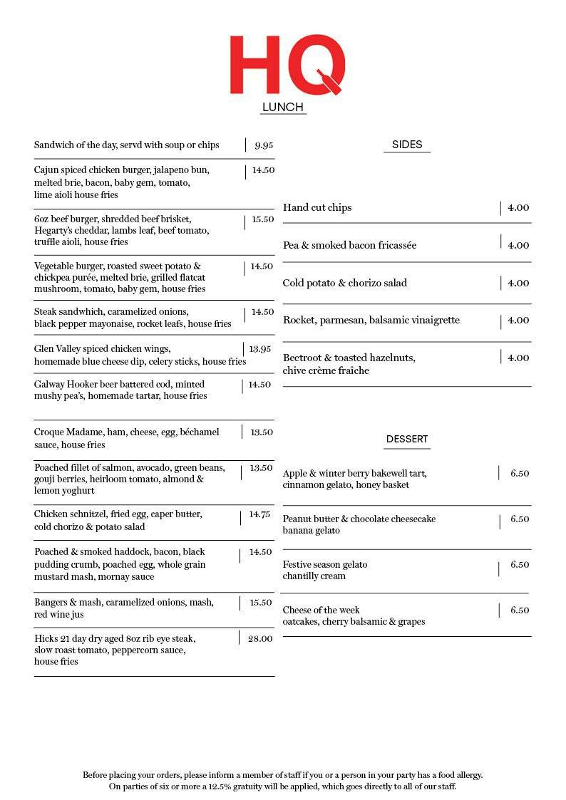 Menu at HQ Gastrobar, Dublin