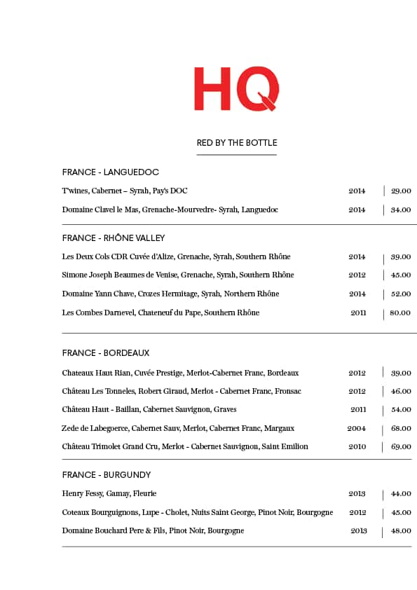 Menu at HQ Gastrobar, Dublin