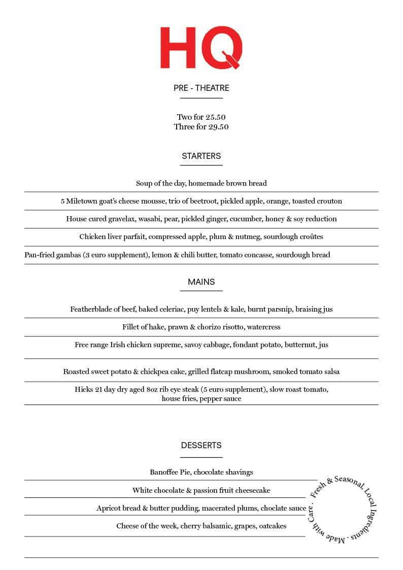 Menu at HQ Gastrobar, Dublin