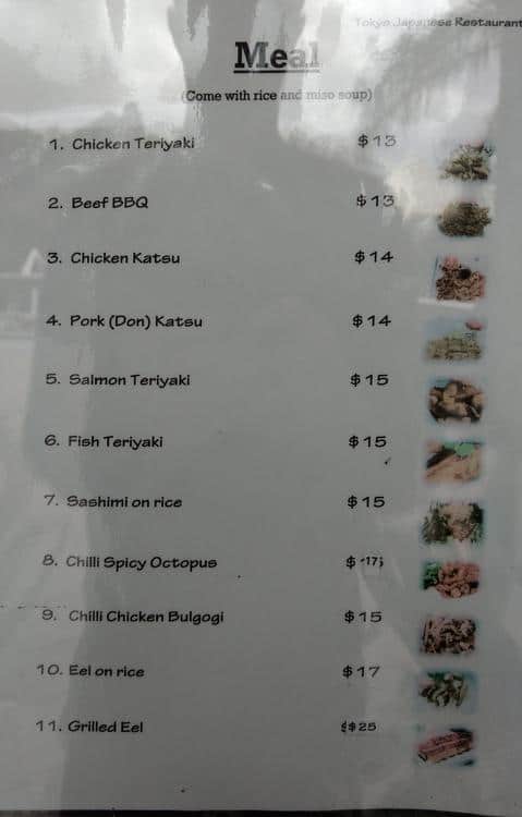 Menu at Tokyo Japanese Restaurant, Parramatta