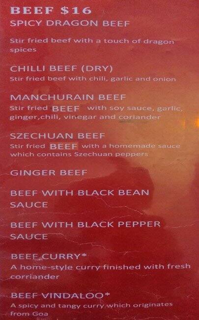 Menu at Spicy Dragon restaurant, Carnegie