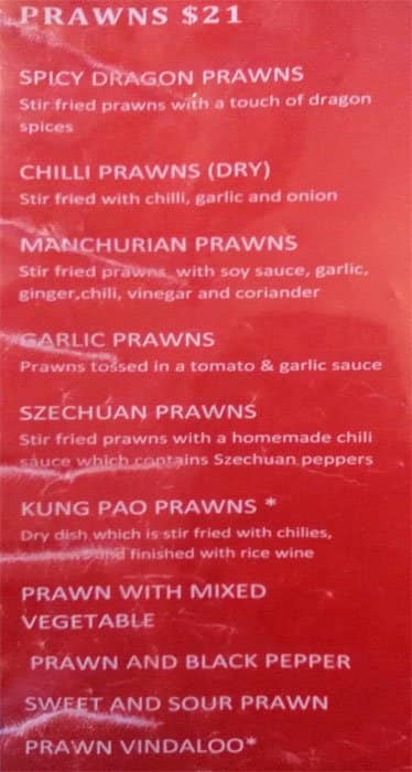 Menu at Spicy Dragon restaurant, Carnegie