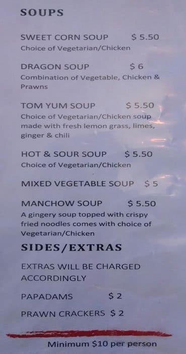 Menu at Spicy Dragon restaurant, Carnegie