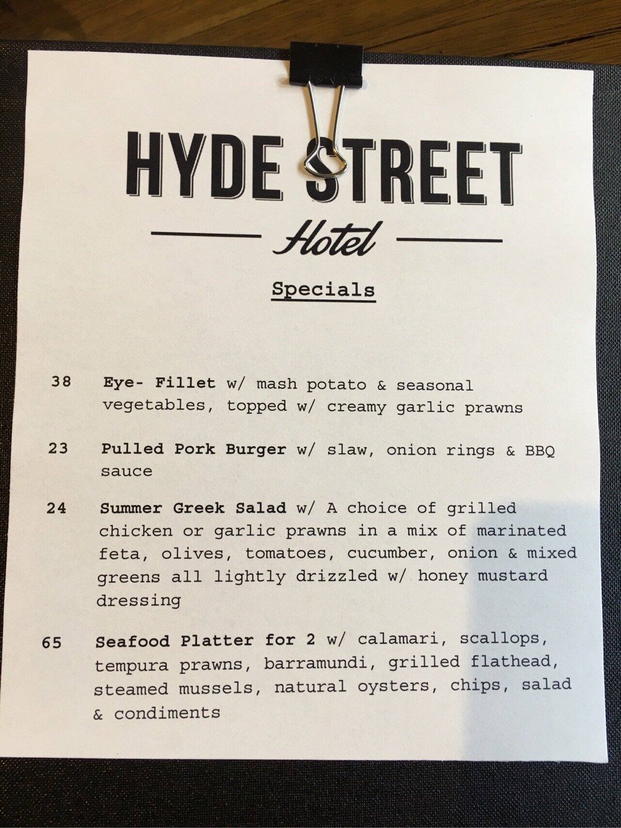 Carta del pub y bar Hyde Street Hotel, Yarraville