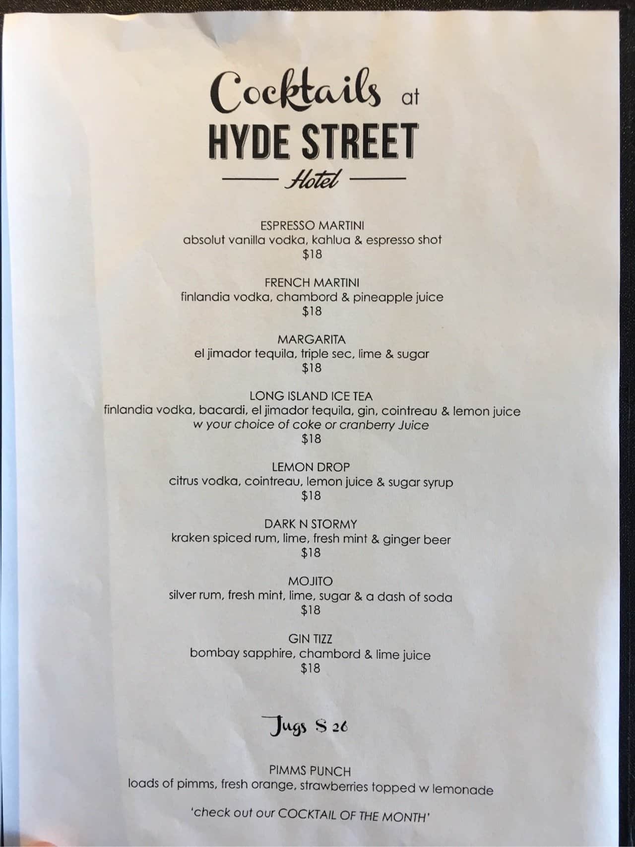 Carta del pub y bar Hyde Street Hotel, Yarraville