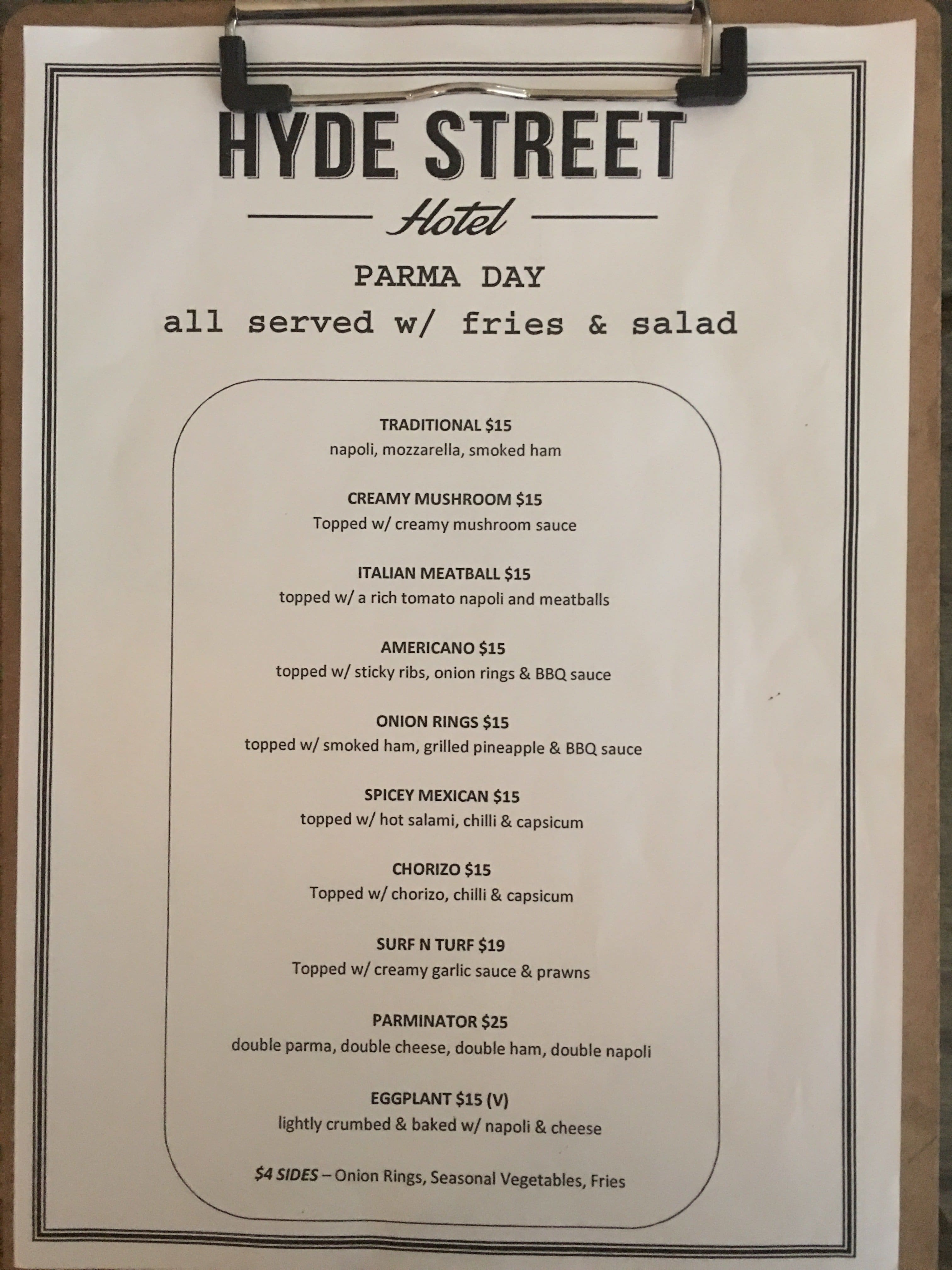 Carta del pub y bar Hyde Street Hotel, Yarraville