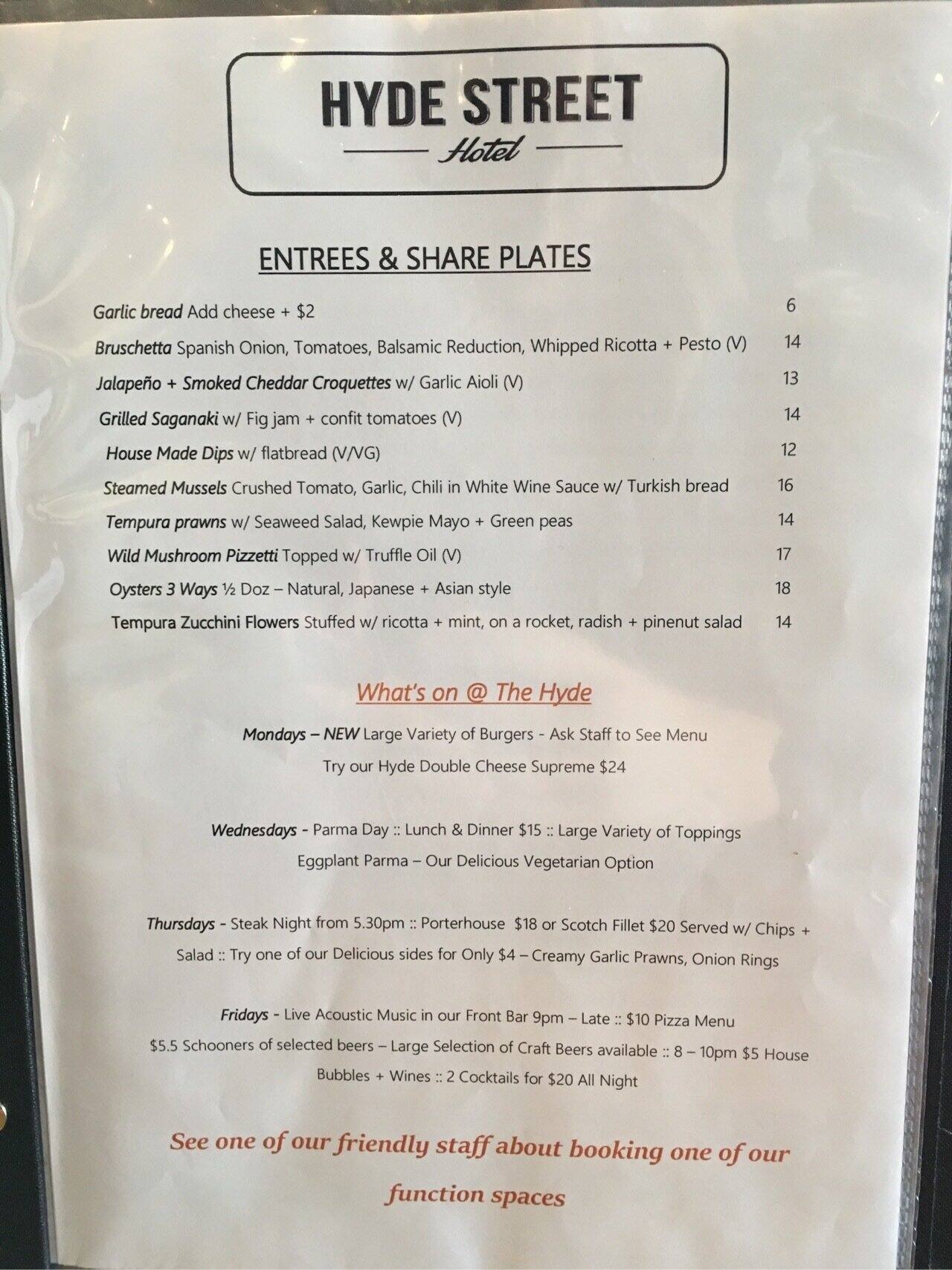 Carta del pub y bar Hyde Street Hotel, Yarraville