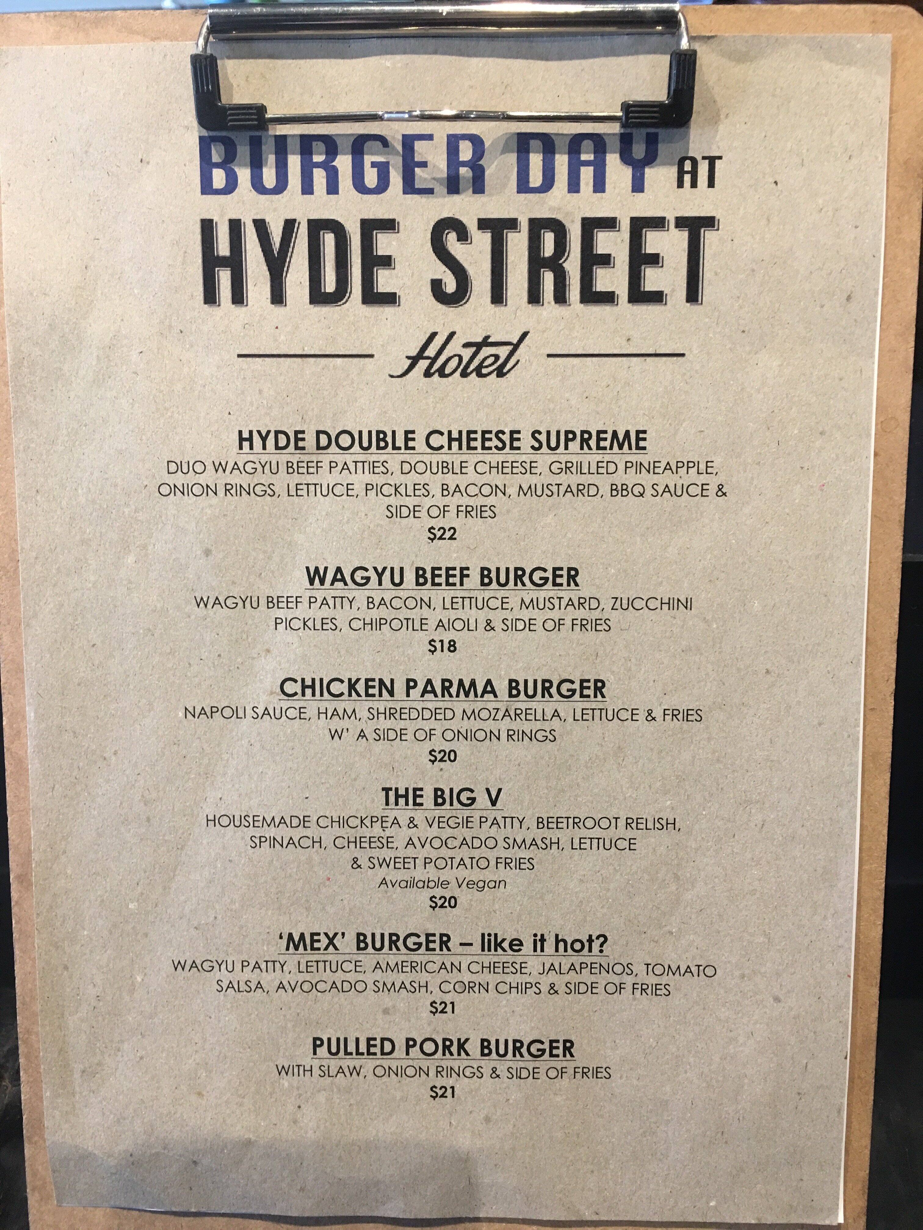 Carta del pub y bar Hyde Street Hotel, Yarraville