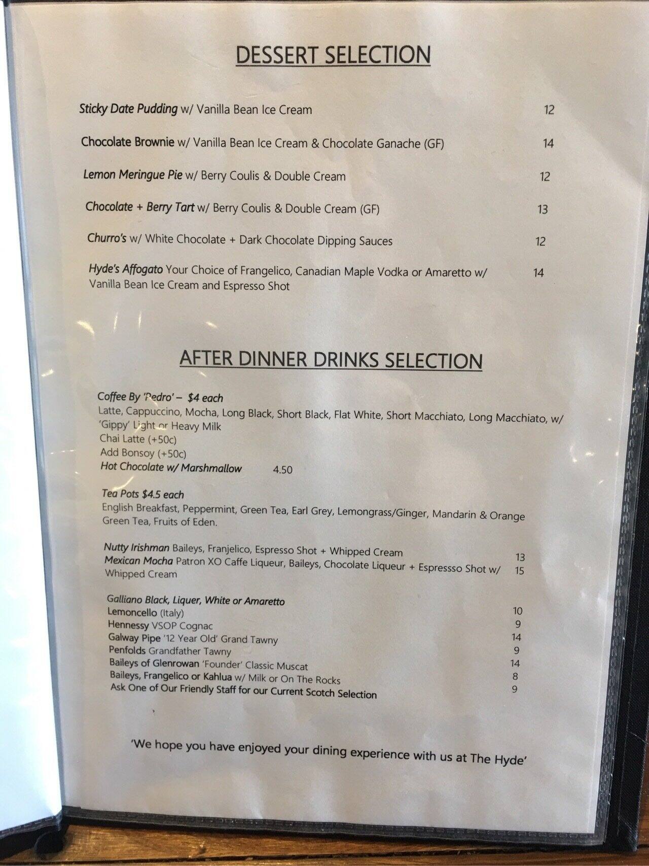 Carta del pub y bar Hyde Street Hotel, Yarraville