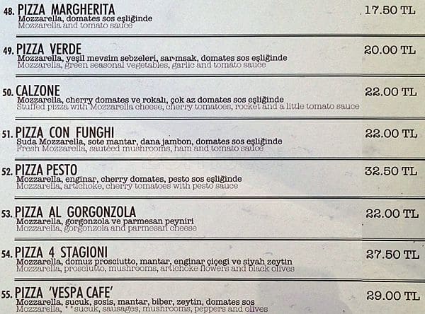 Menu at Vespa Cafe & Restaurant, Bodrum
