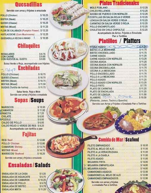 Menu at Plaza Tulcingo restaurant, New York City