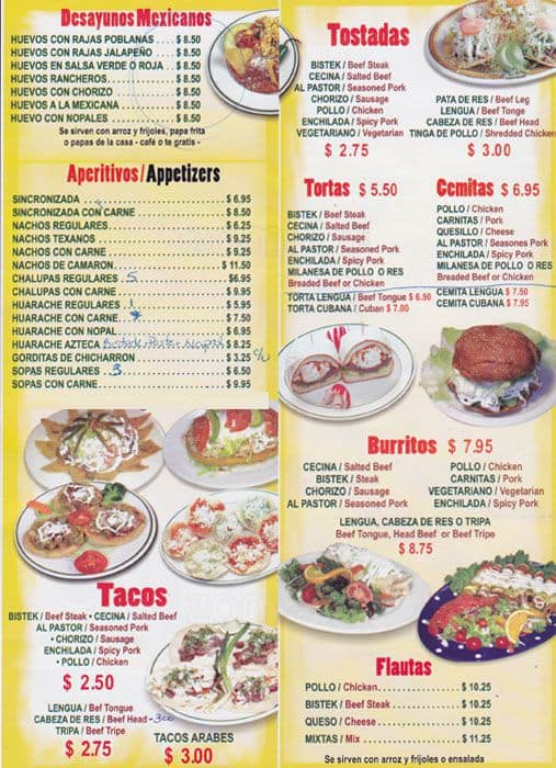 Menu at Plaza Tulcingo restaurant, New York City