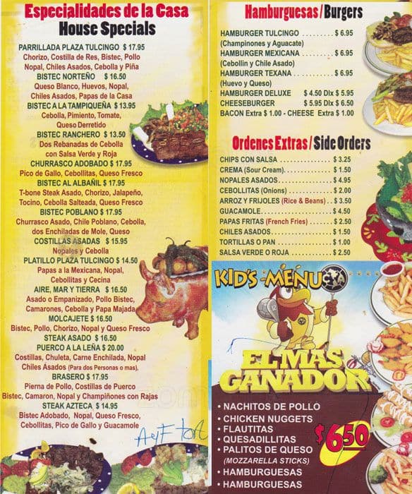Menu at Plaza Tulcingo restaurant, New York City