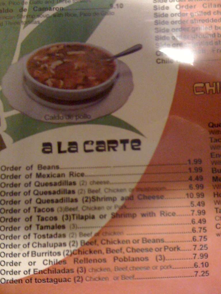 Menu at El Mazatlan restaurant, Pleasant Hill