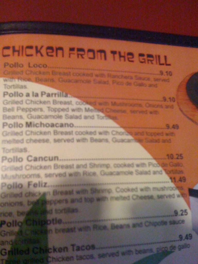 Menu at El Mazatlan restaurant, Pleasant Hill