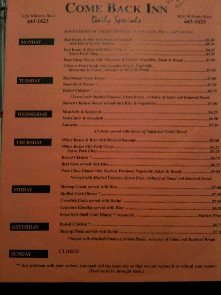 Menu at Come Back Inn restaurant, Metairie, W Metairie Ave