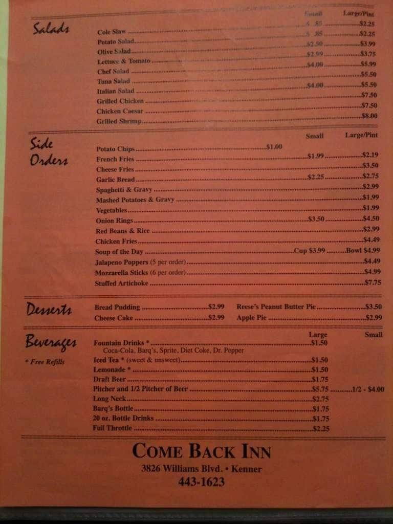 Menu at Come Back Inn restaurant, Metairie, W Metairie Ave