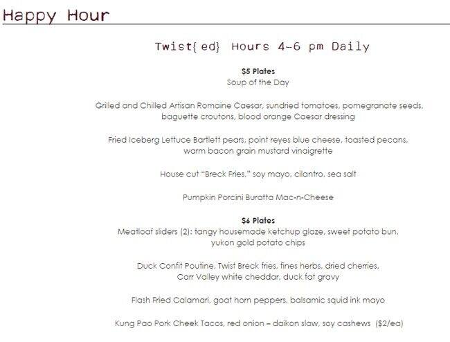 Menu at Twist restaurant, Breckenridge