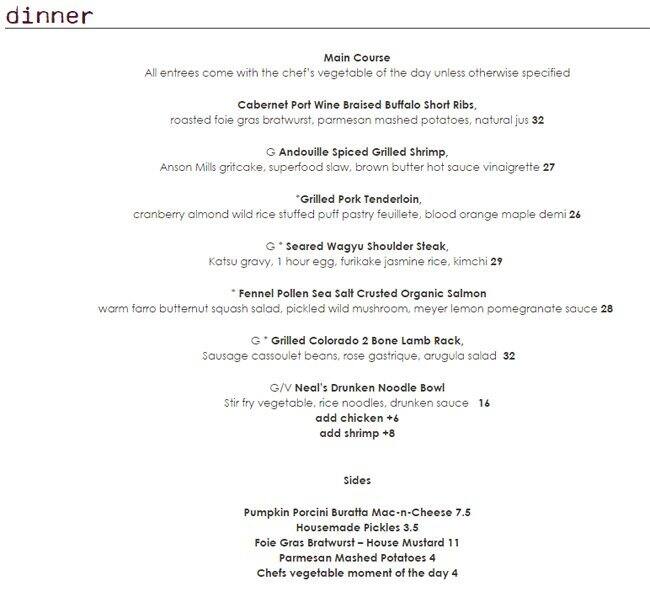 Menu at Twist restaurant, Breckenridge