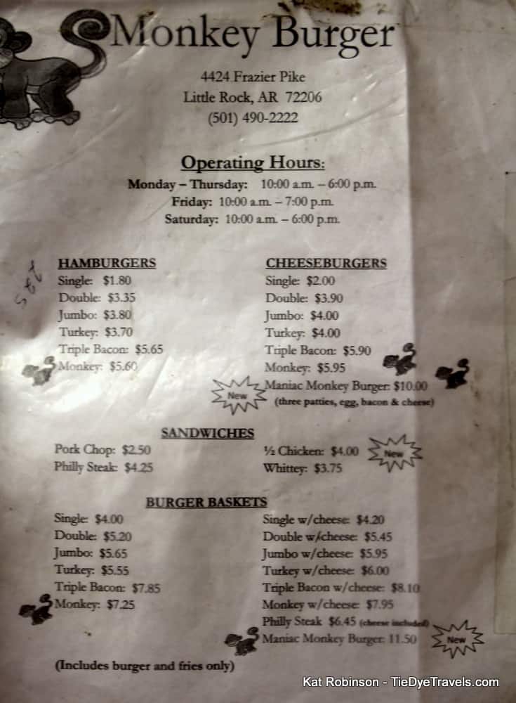Menu at Monkey Burger restaurant, Little Rock