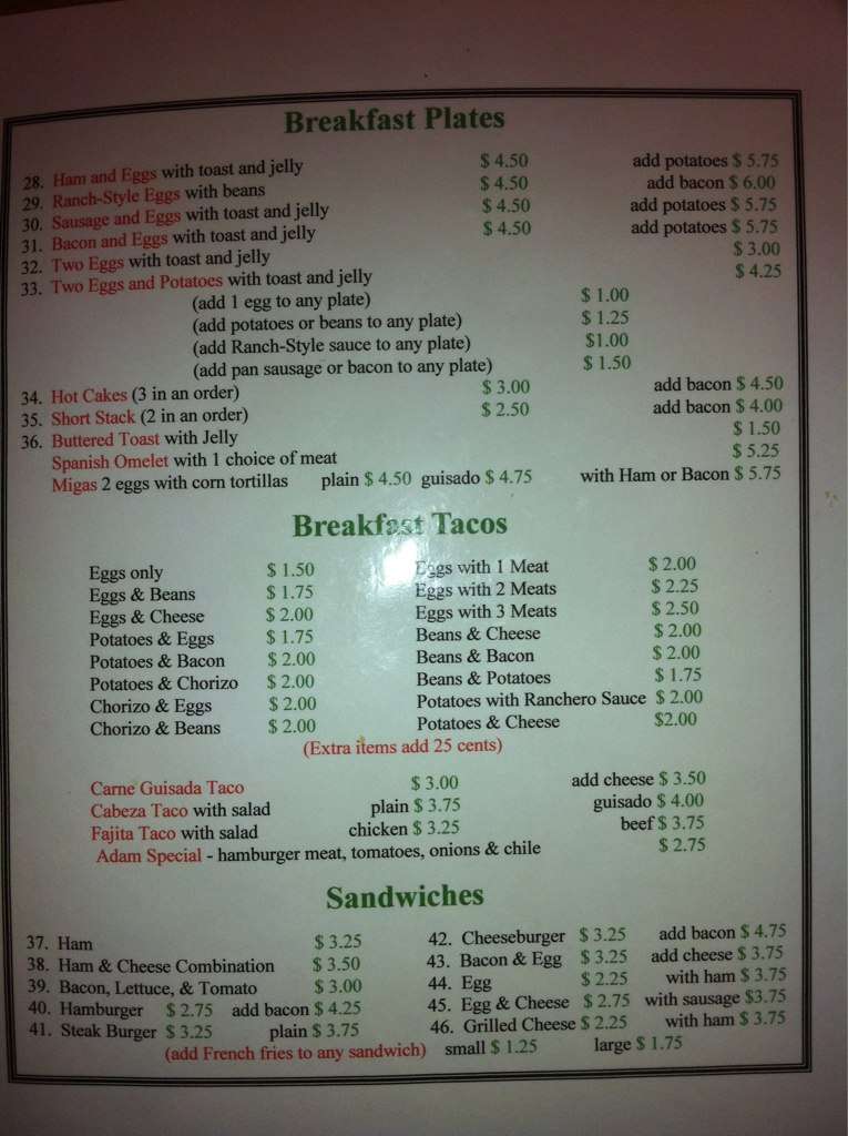Menu at Monterrey Cafe, Port Lavaca