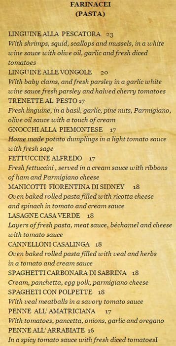Menu at Casa Verde Ristorante restaurant, Ajax