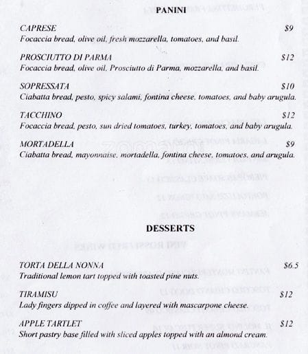 Menu at Da Capo Aperitivo e Caffè pub & bar, New York City, Madison Ave