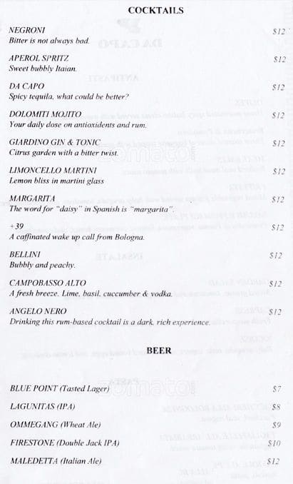 Menu at Da Capo Aperitivo e Caffè pub & bar, New York City, Madison Ave