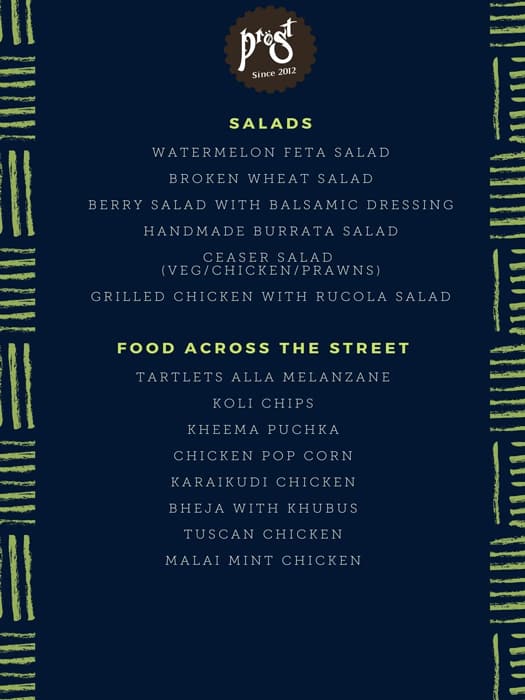 Menu of Prost, Jubilee Hills, Hyderabad