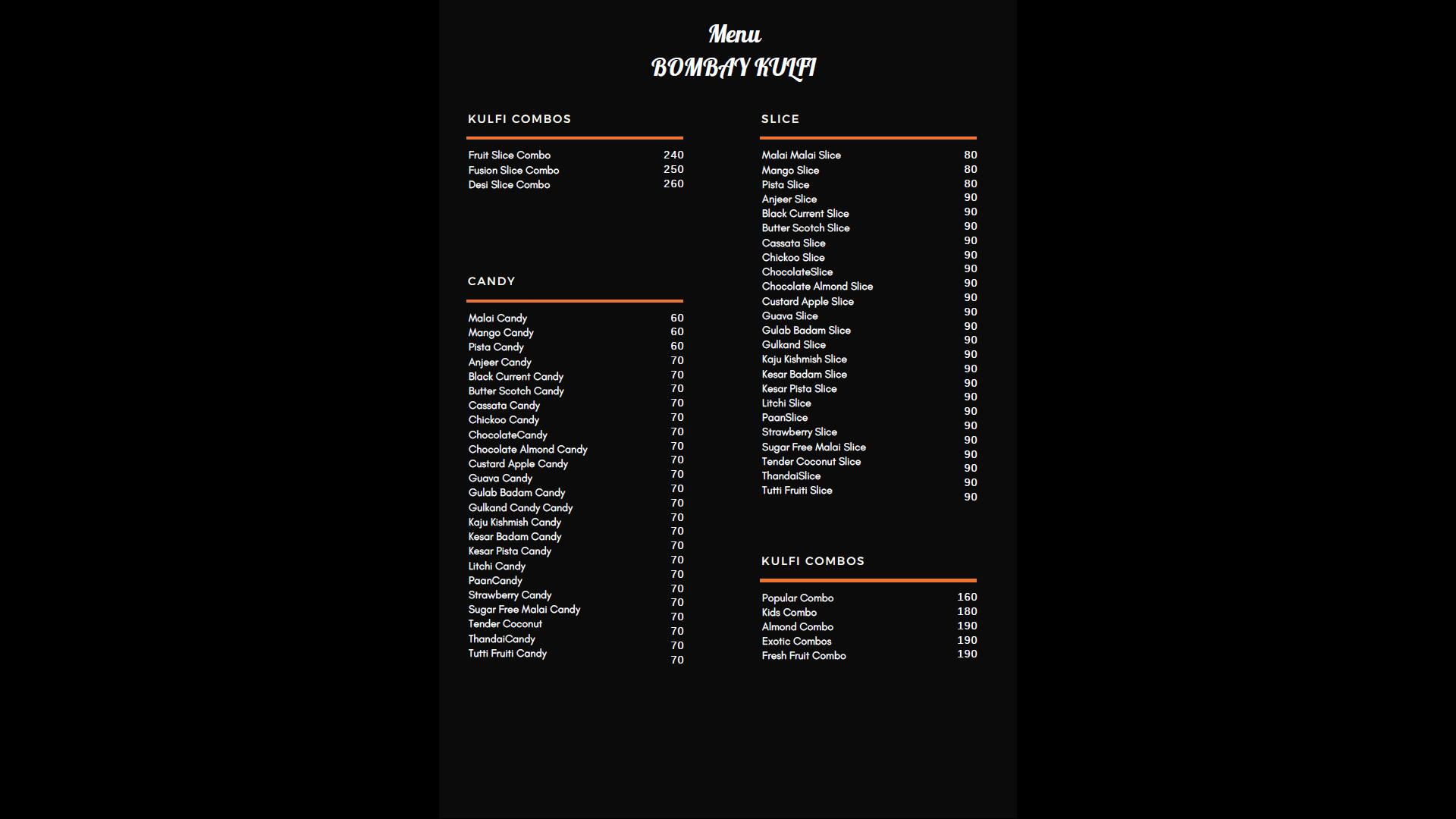 Menu at Bombay Kulfi, Bengaluru, 120/4