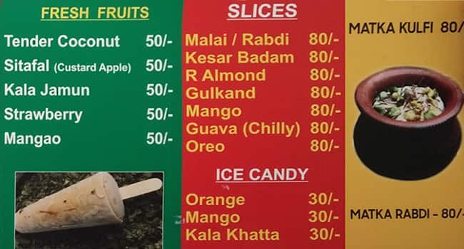 Menu at Bombay Kulfi, Bengaluru, 120/4