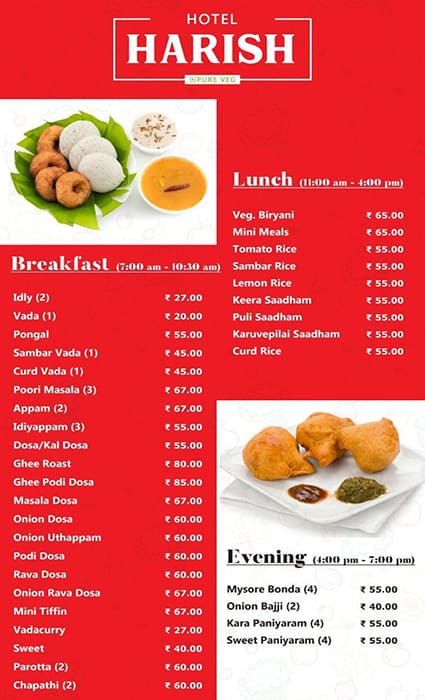 Menu of Hotel Harish, T. Nagar, Chennai