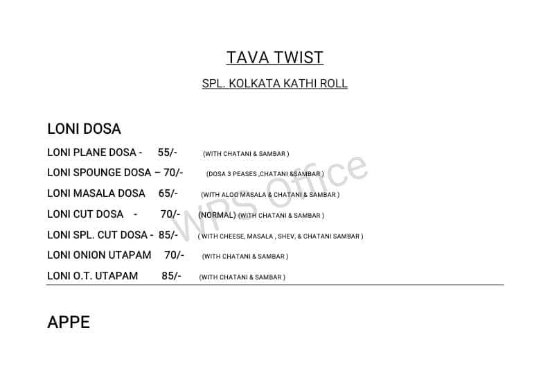 Menu of Tawa Twist, Viman Nagar, Pune