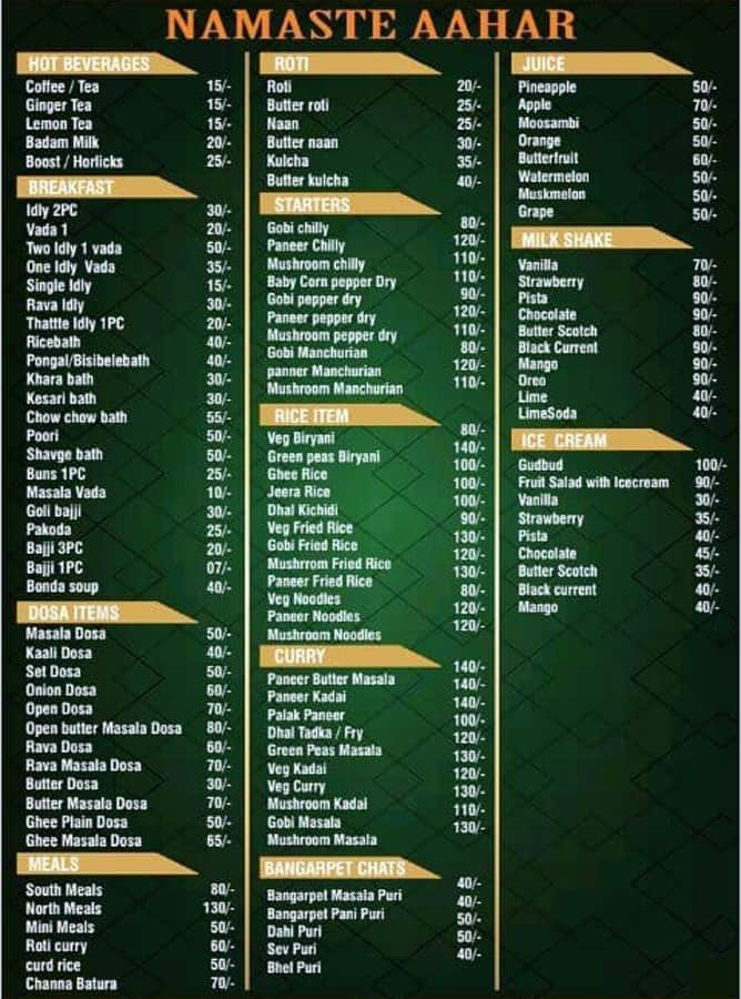 Menu of Namaste Aahar, Vijay Nagar, Bangalore