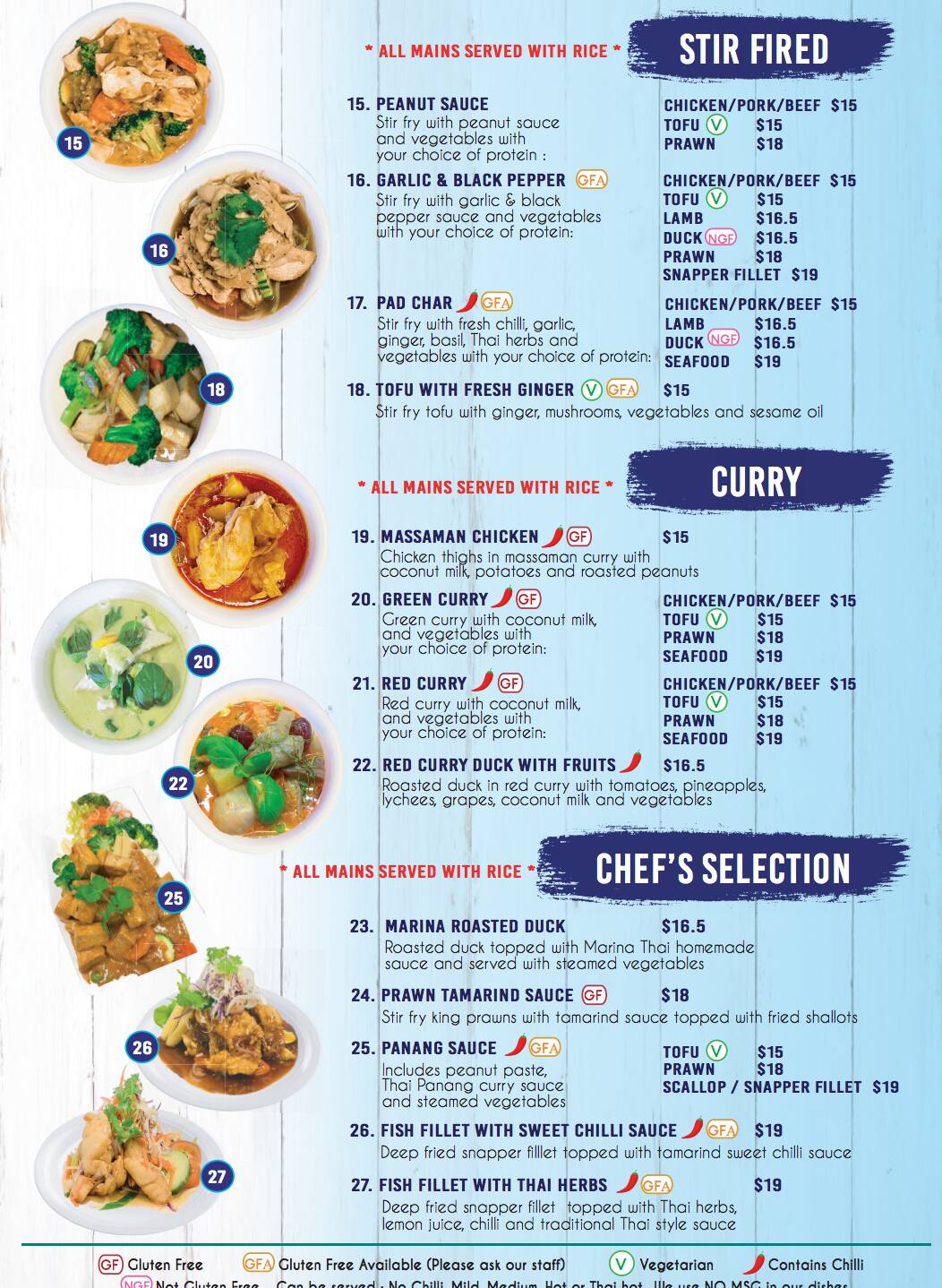 Menu at Marina Thai restaurant, Auckland