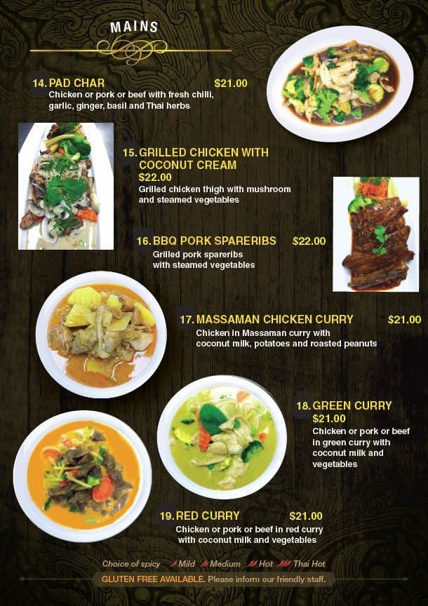 Menu at Marina Thai restaurant, Auckland
