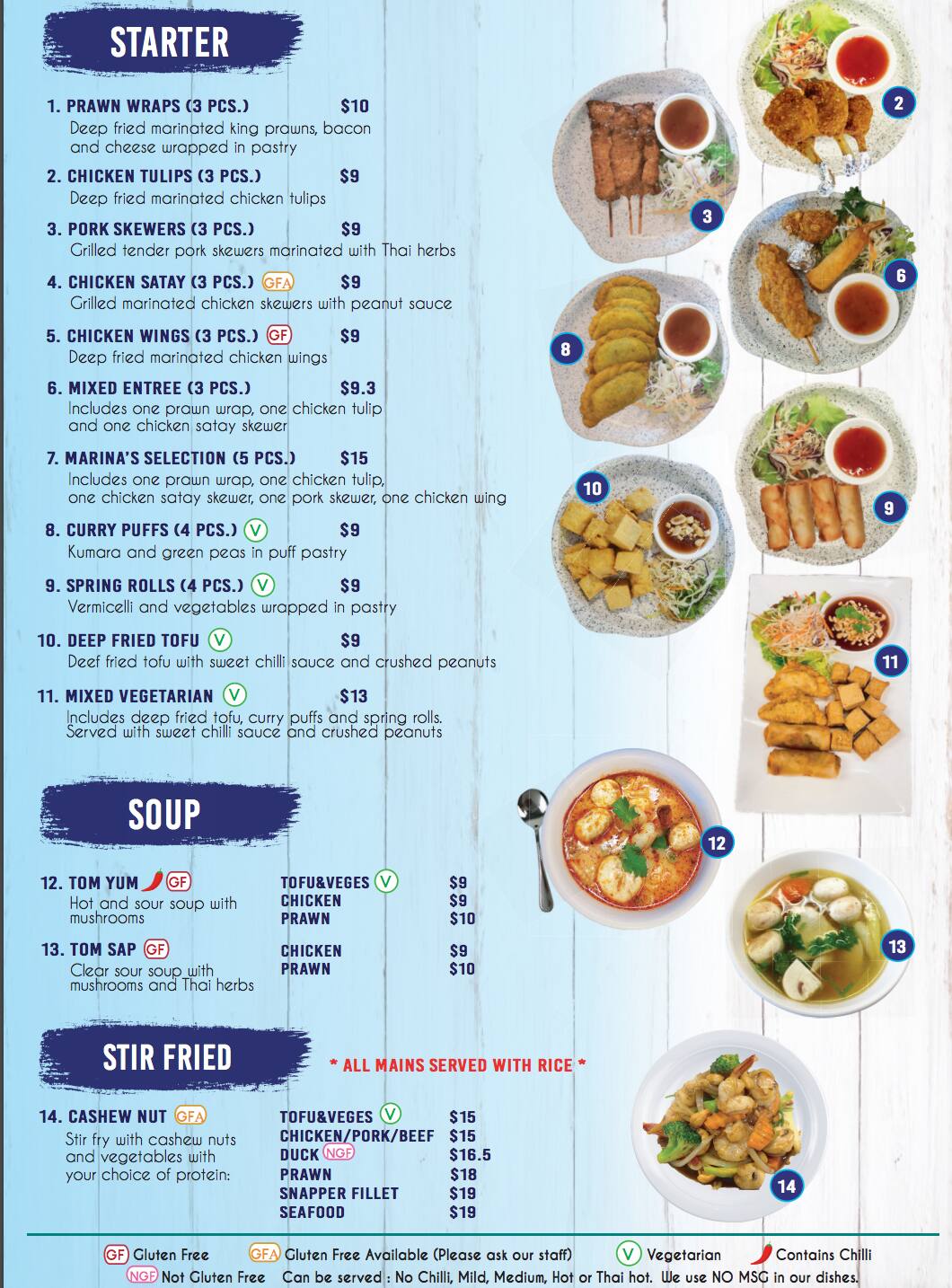 Menu at Marina Thai restaurant, Auckland
