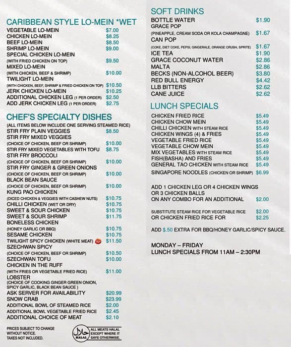 Menu at Twilight pub & bar, Toronto