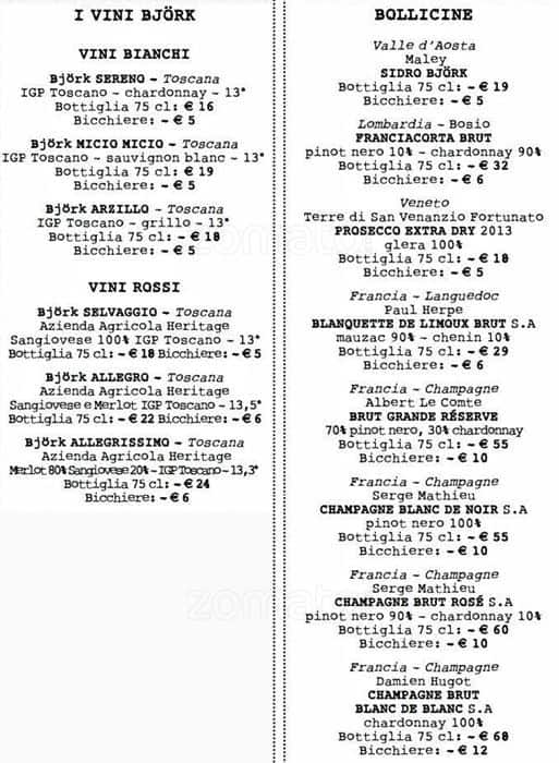 Menu at Björk Swedish Brasserie restaurant, Milan