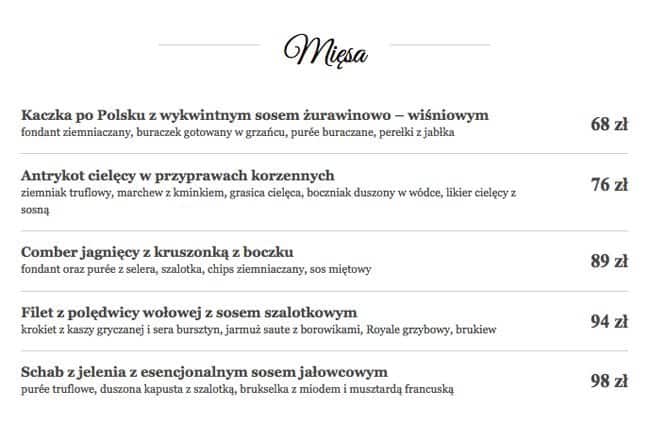 Menu at Pod Gigantami restaurant, Warsaw