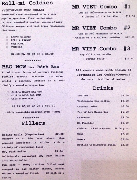 Menu at Mr Viet restaurant, Adelaide, 20 James Pl