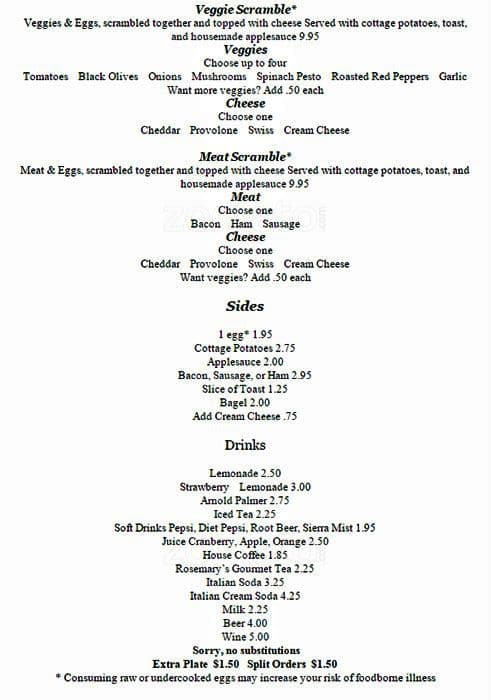 Menu at Cafe Rosemary, Vancouver