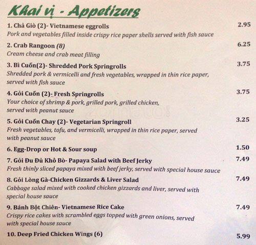 Menu at Duy Vietnamese Restaurant, Austin