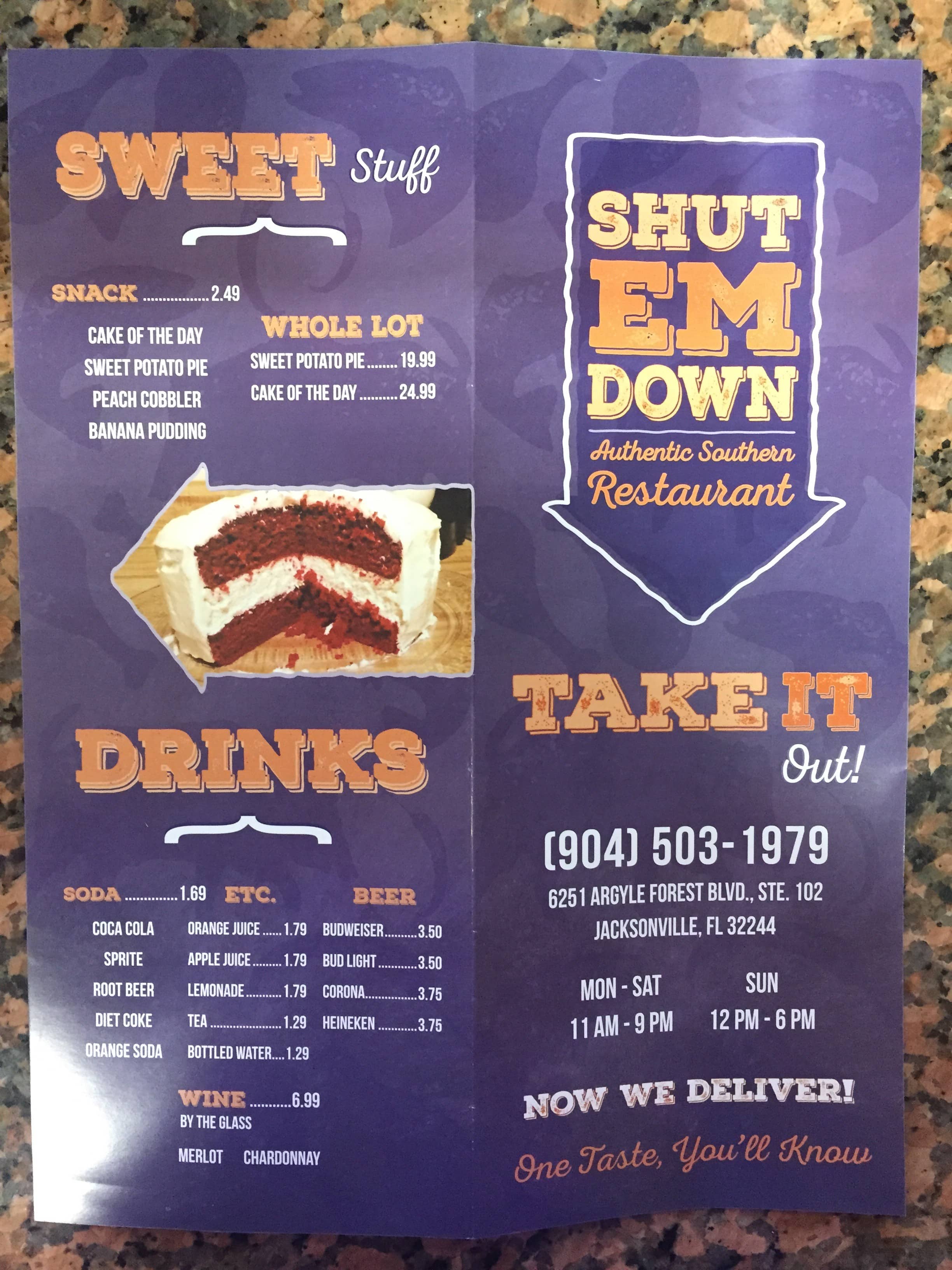 Menu at Shut Em Down Authentic Southern Restaurant, Jacksonville, San ...