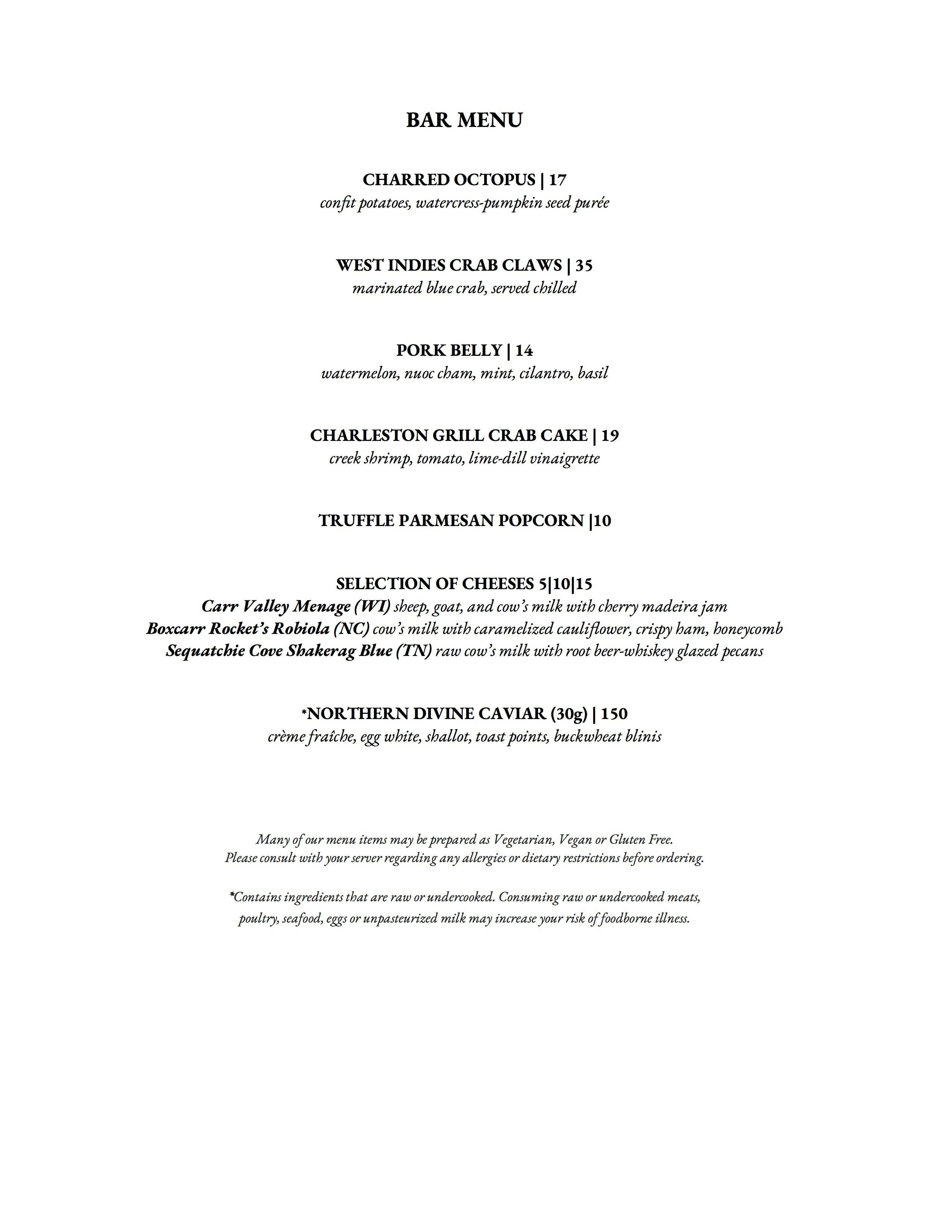 Menu at Charleston Grill restaurant, Charleston