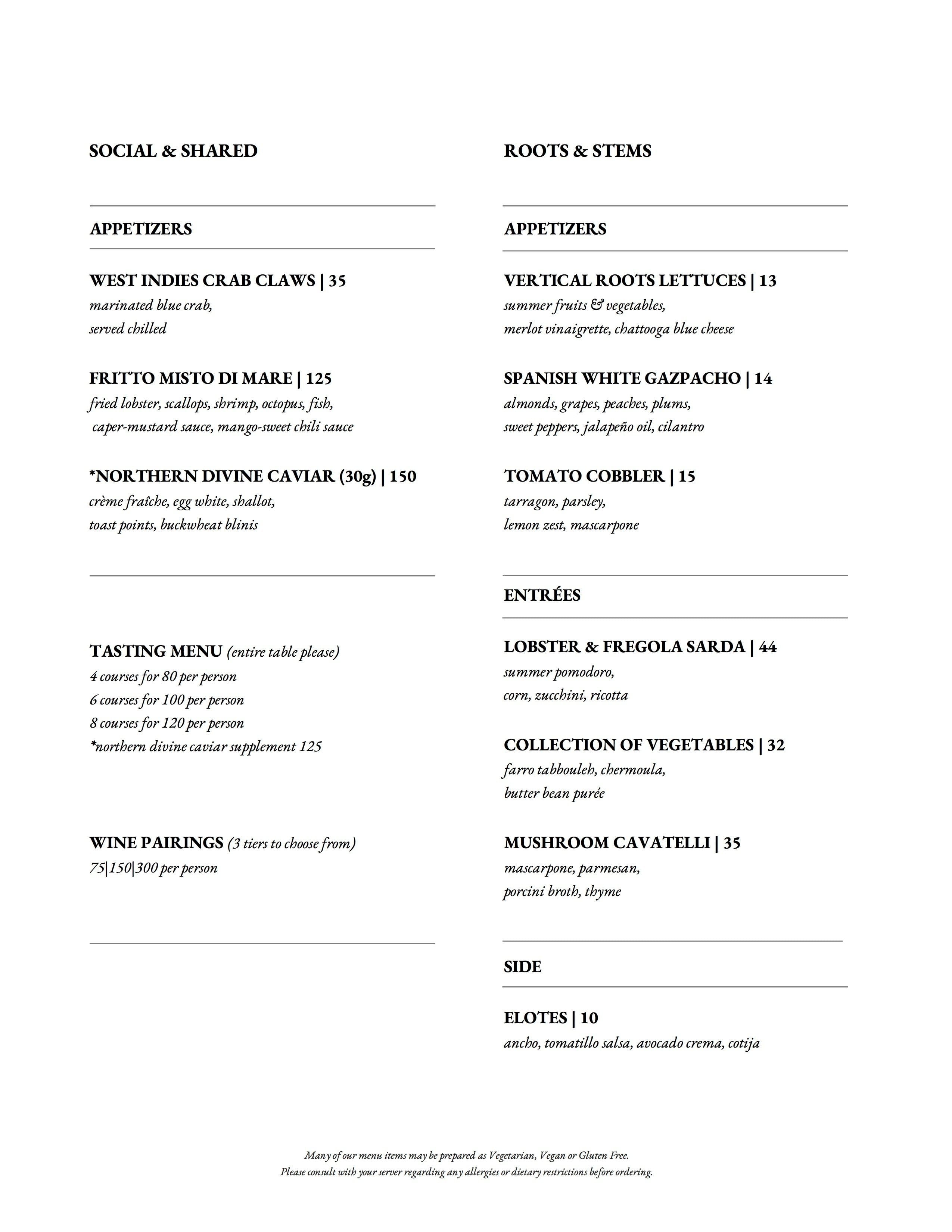 Menu at Charleston Grill restaurant, Charleston