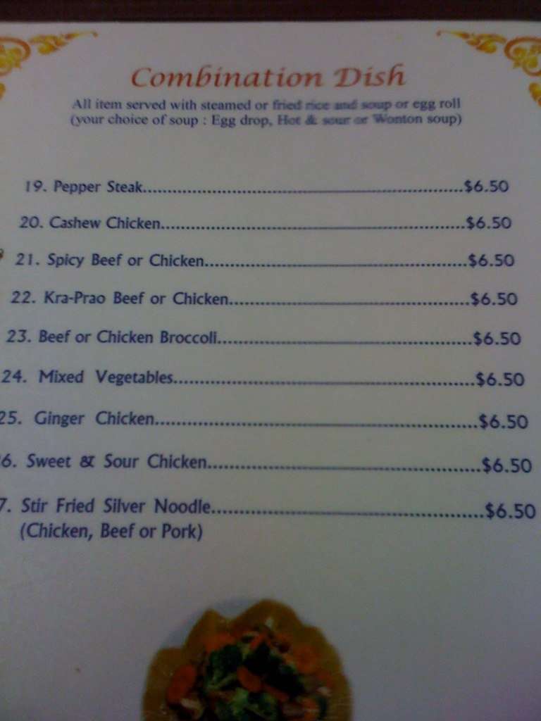 Menu at Thai House restaurant, Midland