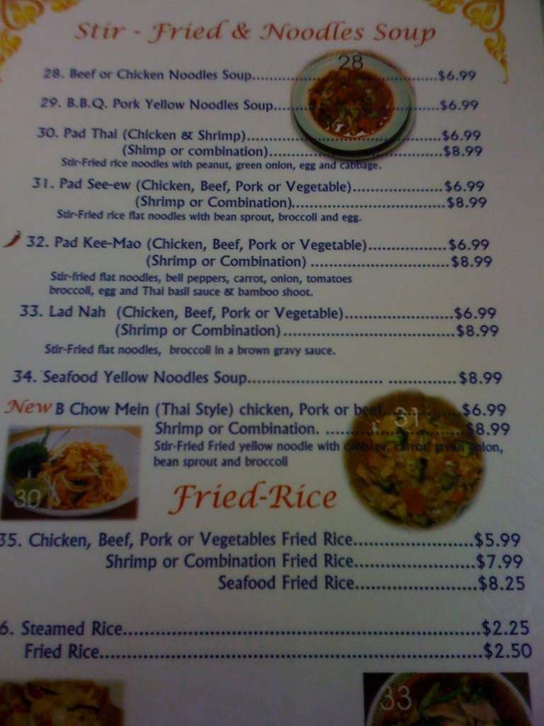 Menu at Thai House restaurant, Midland