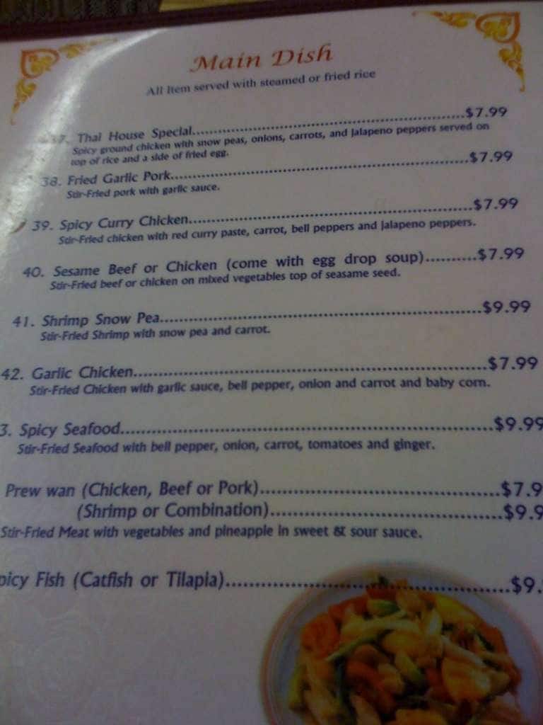 Menu at Thai House restaurant, Midland